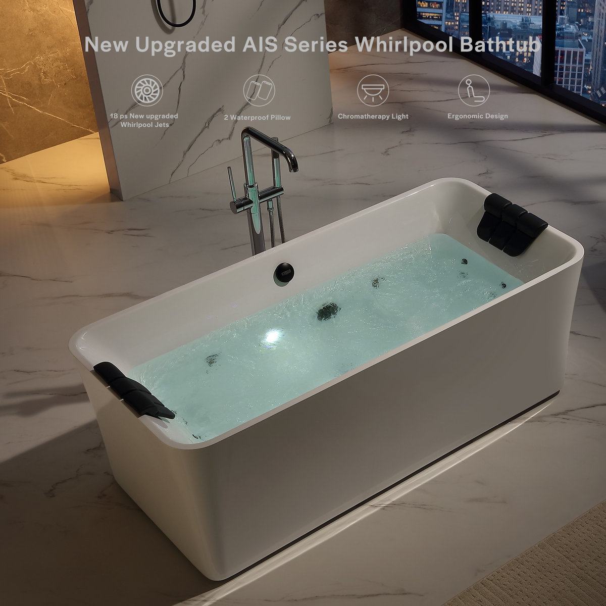 Empava 67 In. X 31.5 In. Center Drain Freestanding Whirlpool Bathtub Hydrotherapy Lighted Bath ...